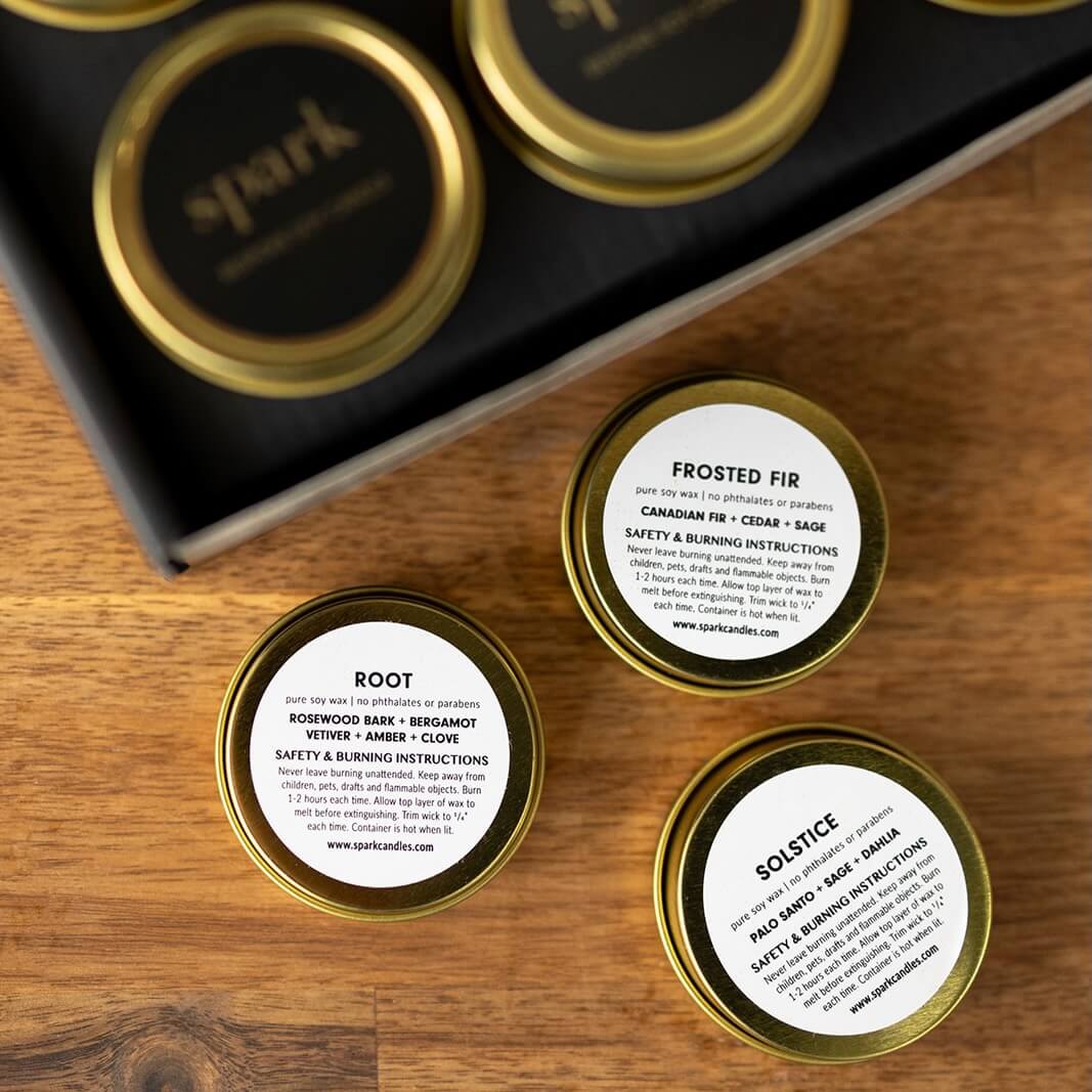 Candle Fragrance Sample Kit – 12 Gold Tin Soy Candle Samples – Spark ...